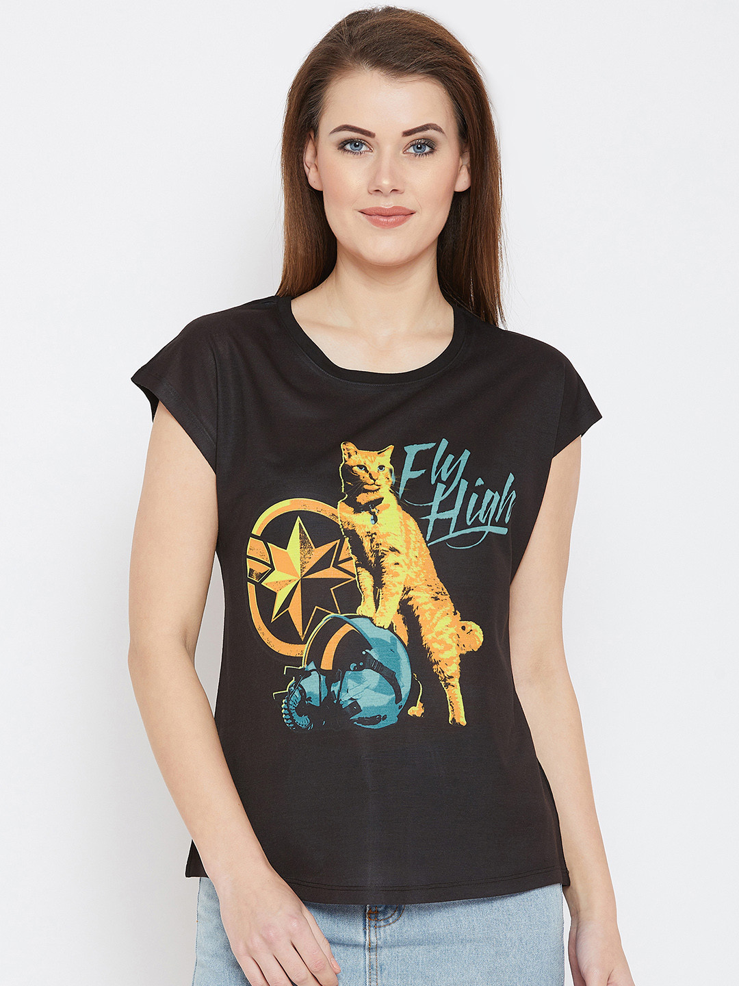 Buy Marvel By Wear Your Mind Women Black Printed Captain Marvel Top ...