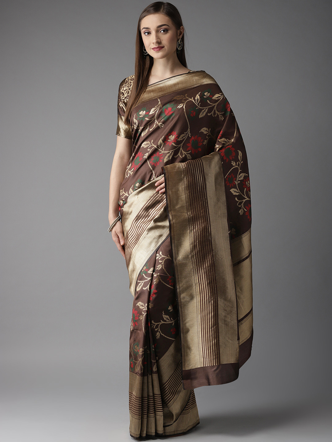 Buy MANOHARI Brown & Golden Woven Design Patola Saree - Sarees for ...