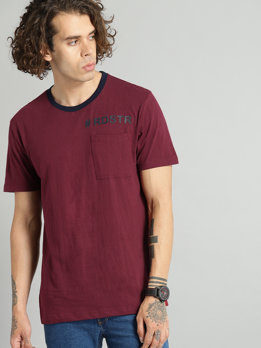Buy The Roadster Lifestyle Co Men Maroon Solid Round Neck Pure Cotton T