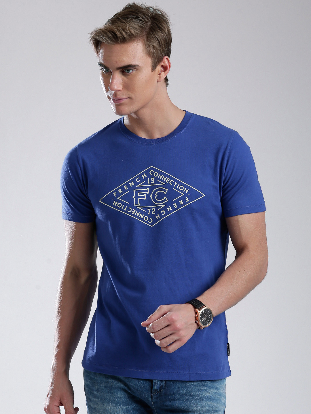 Buy French Connection Blue Typographical Print Pure Cotton T Shirt ...