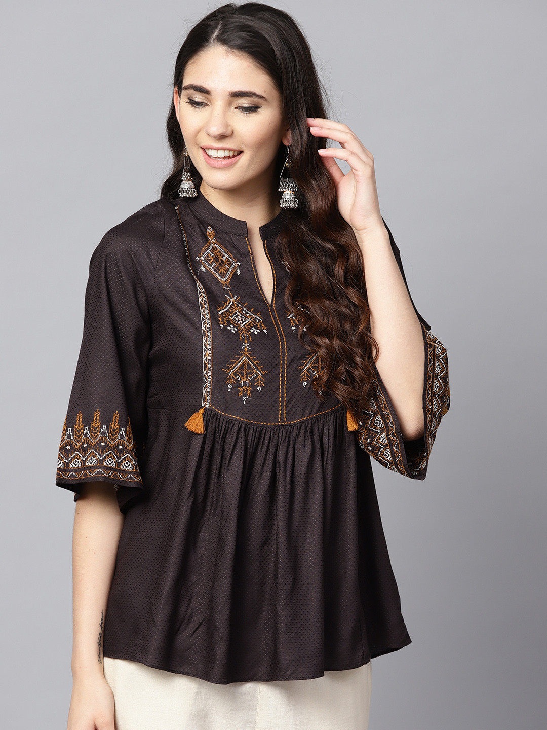 Buy W Women Brown Embroidered A Line Top - Tops for Women 8982721 | Myntra