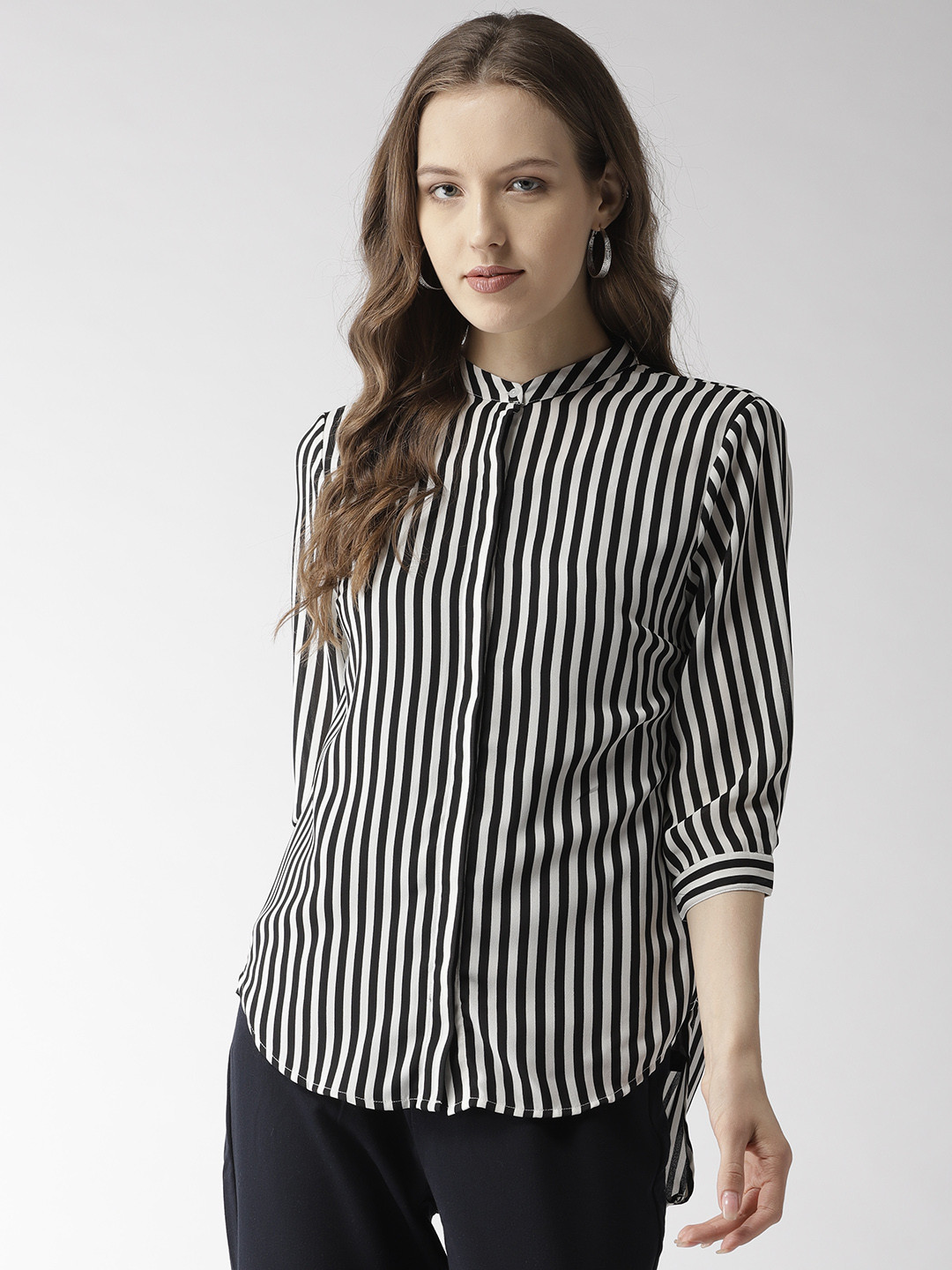 Buy Madame Women Black & White Regular Fit Striped Casual Shirt ...