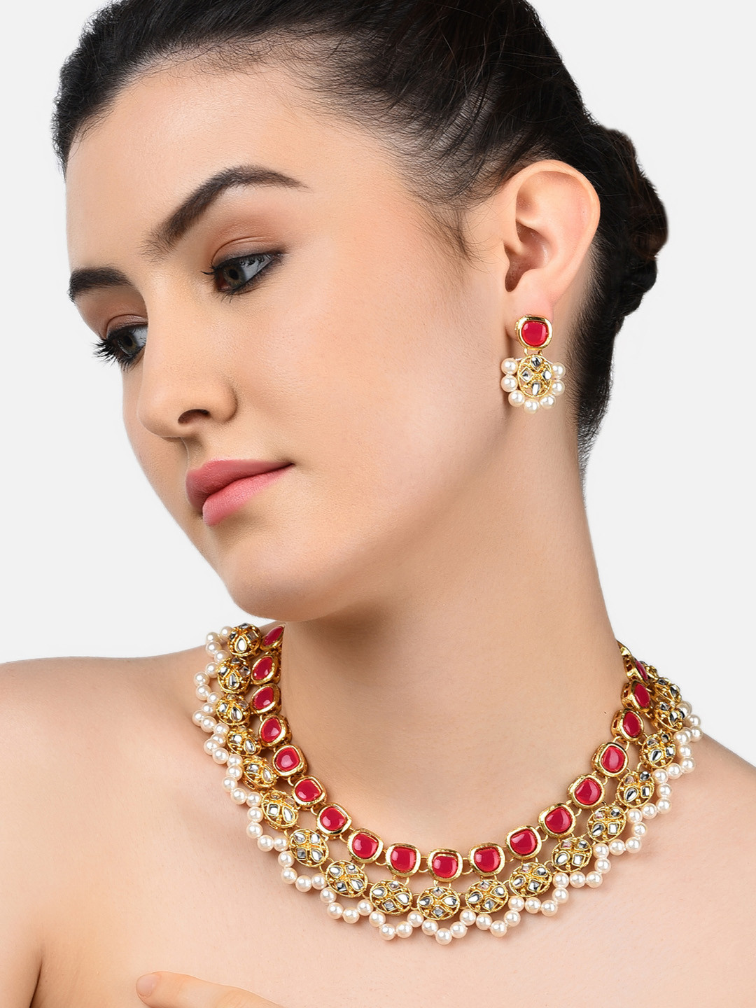 Buy Zaveri Pearls Gold Toned & Red Ethnic Kundan & Pearls Jewellery Set ...