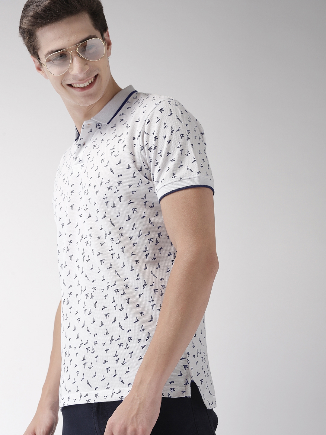 Buy Mast Harbour Men White Navy Blue Printed Polo Collar Pure Cotton T
