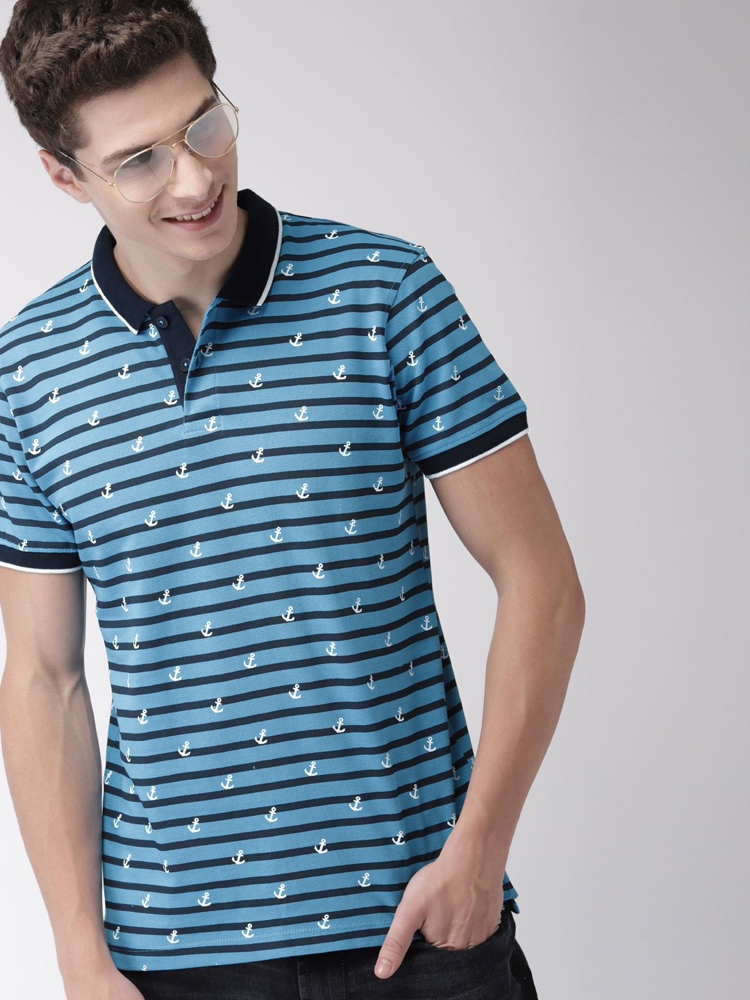 Buy Mast Harbour Men Blue Black Striped Polo Collar Pure Cotton T Shirt