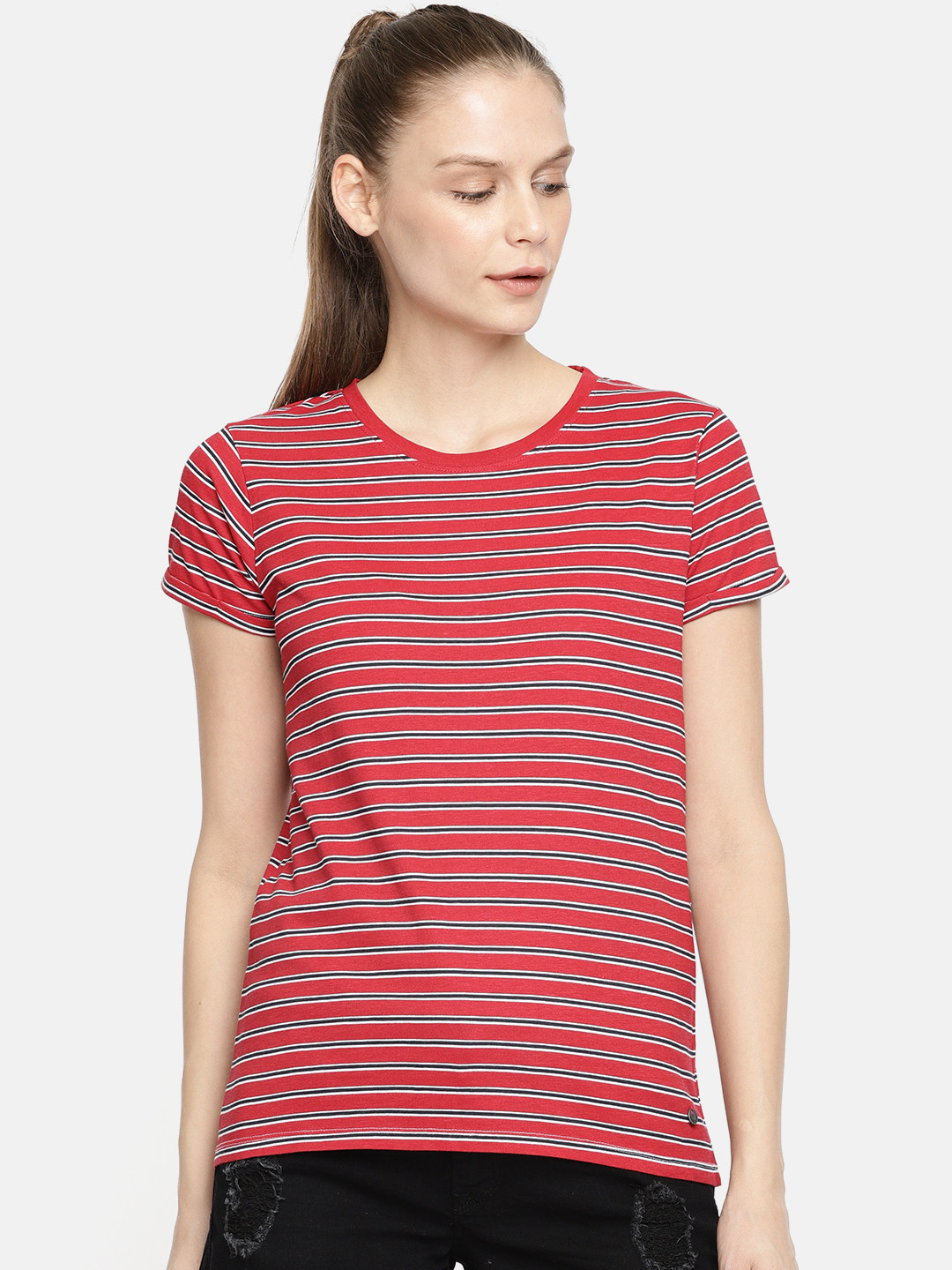 Buy Pepe Jeans Women Red White Striped Round Neck Pure Cotton T Shirt ...