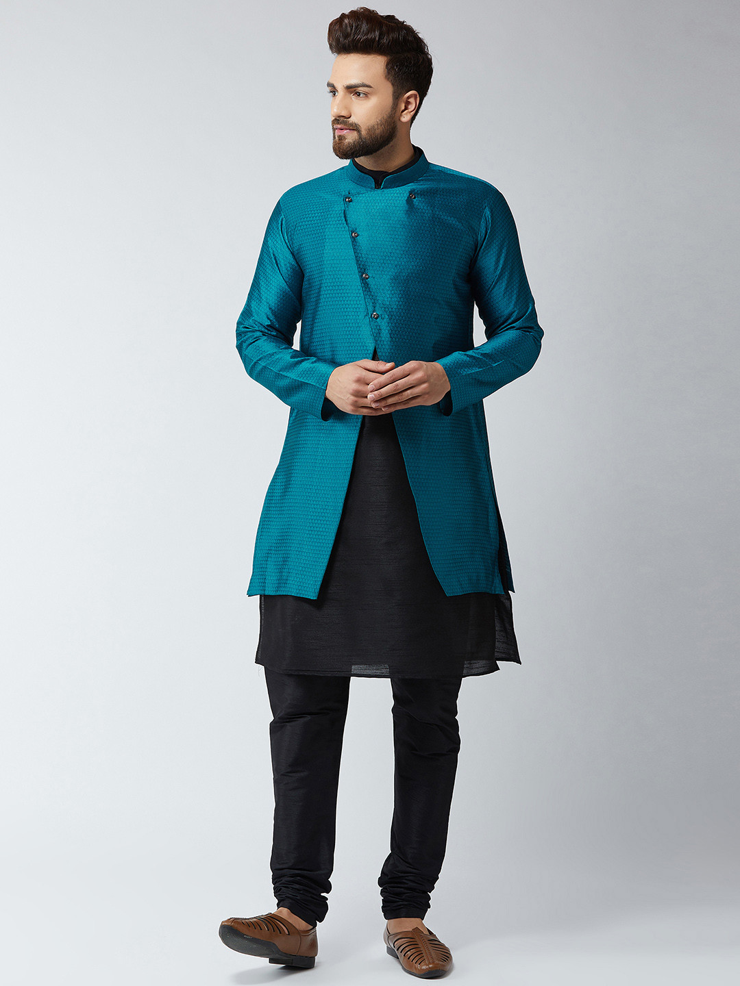 Buy SOJANYA Men Black & Green Self Design Kurta With Churidar - Kurta ...