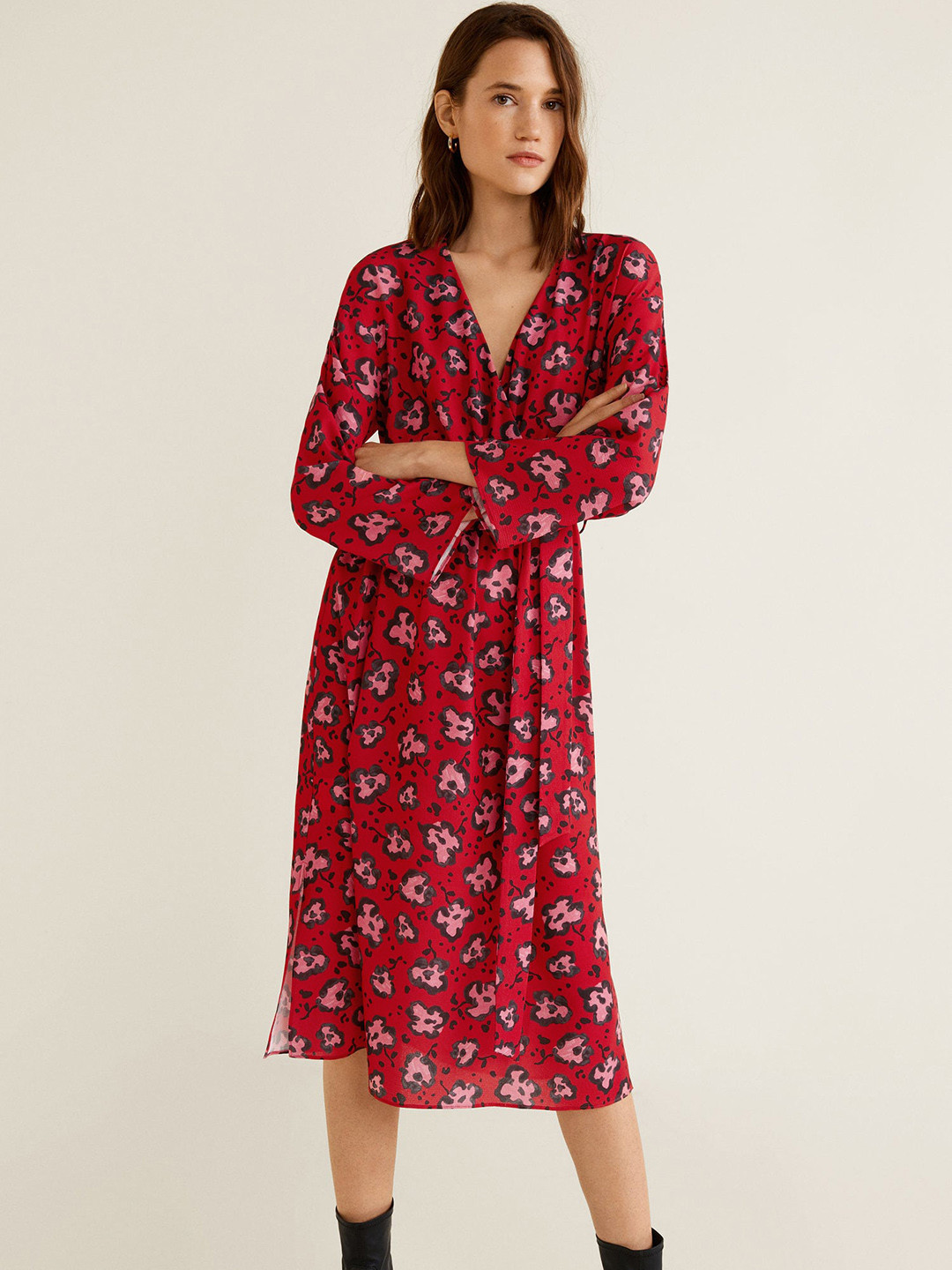 Buy MANGO Women Red & Black Floral Print A Line Dress - Dresses for ...