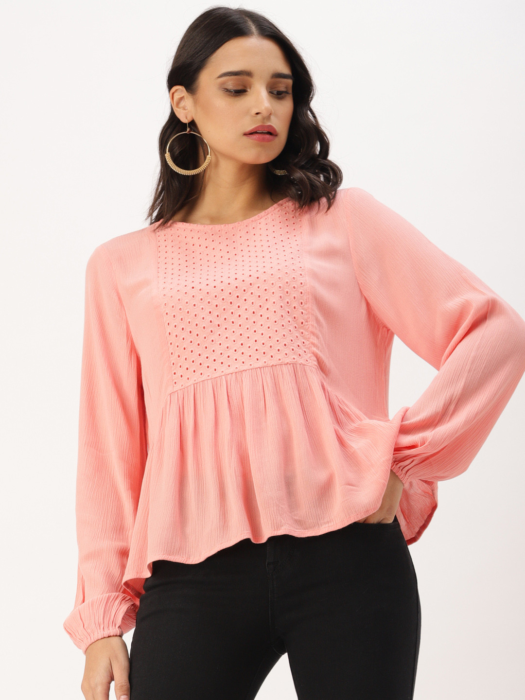 Buy DressBerry Women Peach Coloured Self Design Peplum Top - Tops for ...