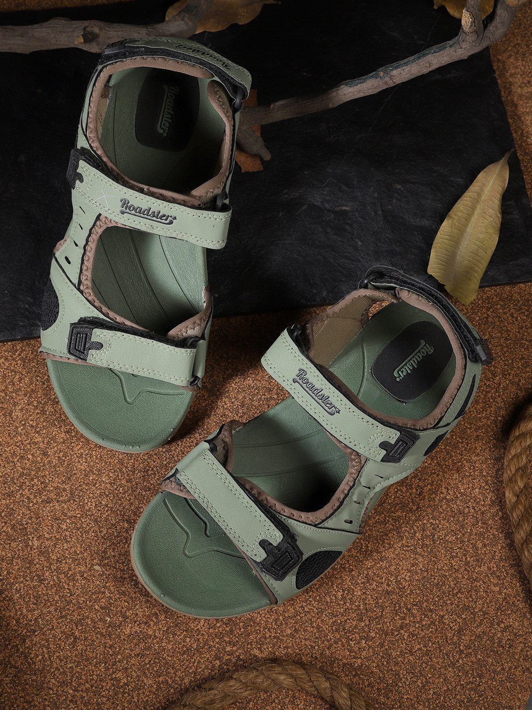Buy The Roadster Lifestyle Co Men Olive Green Solid Comfort Sandals ...