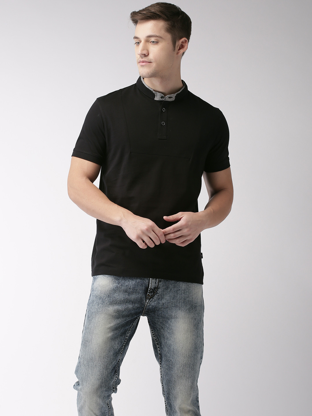 Buy Flying Machine Men Black Solid Mandarin Collar Pure Cotton T Shirt ...