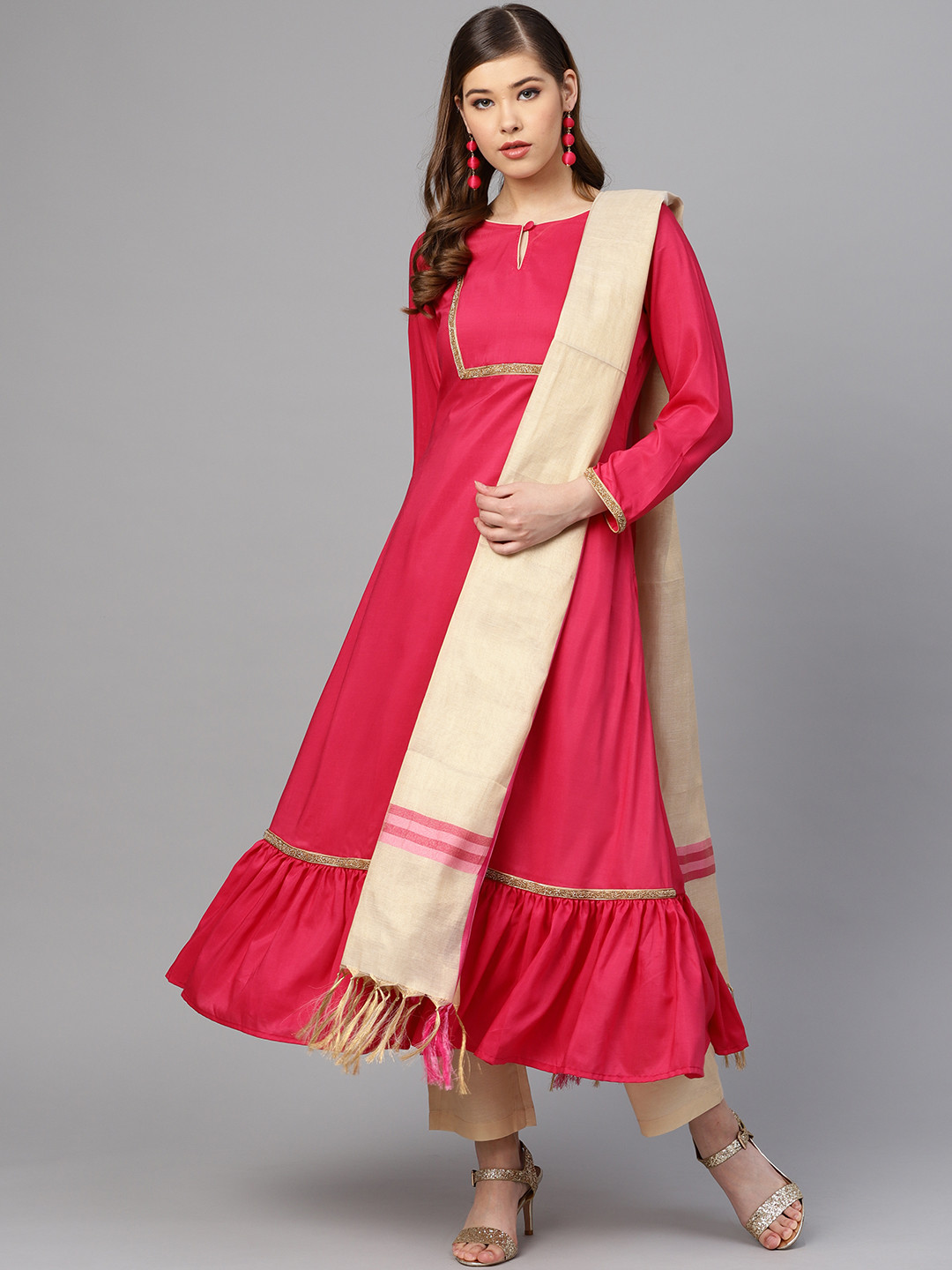 Buy Inddus Pink & Beige Unstitched Dress Material - Dress Material for ...