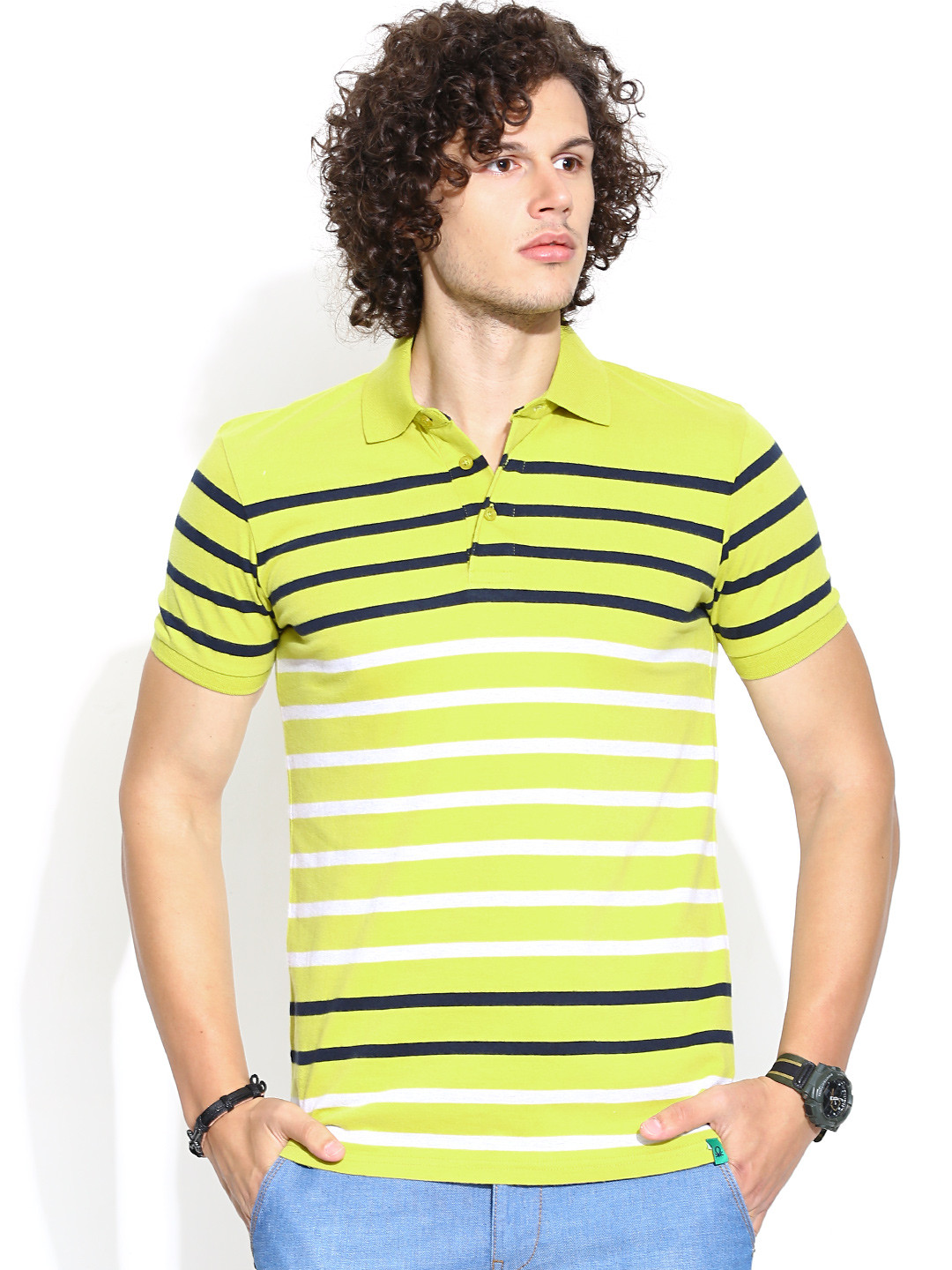 Buy United Colors Of Benetton Lemon Yellow Striped Polo Pure Cotton T ...