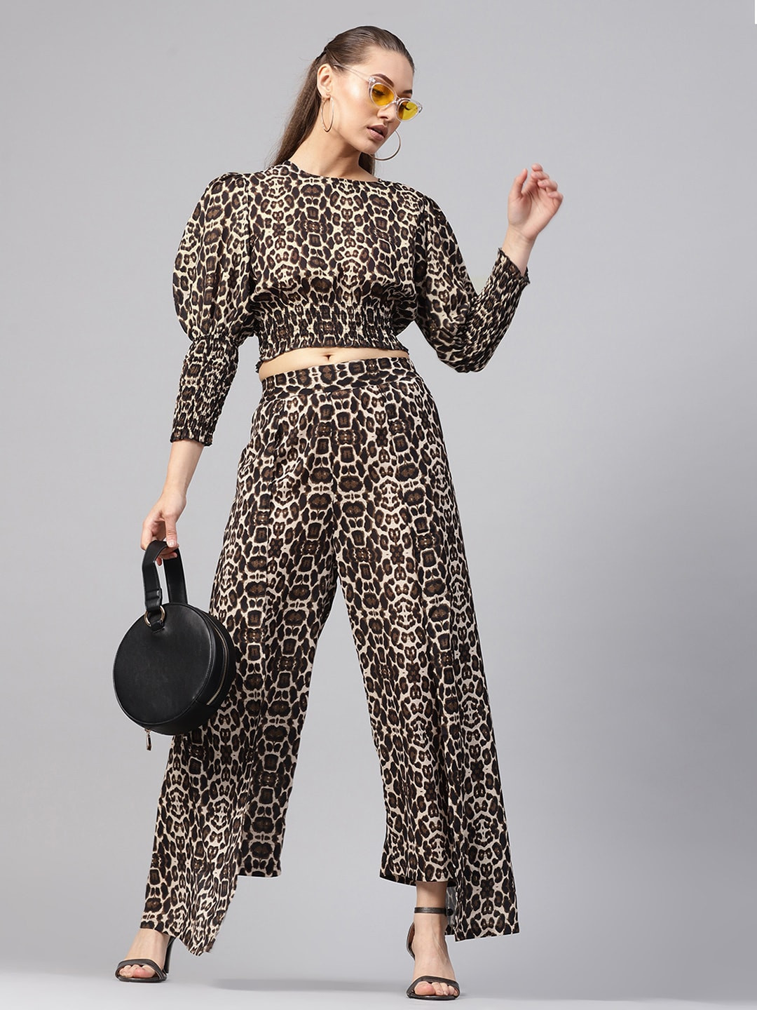 Buy SASSAFRAS Black & Beige Animal Print Crop Blouson Top - Tops for ...