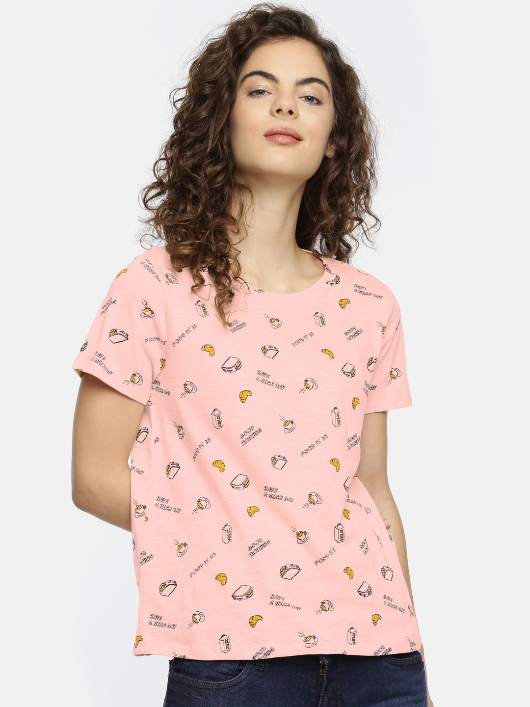 Buy People Women Pink Printed Round Neck Pure Cotton T Shirt - Tshirts ...
