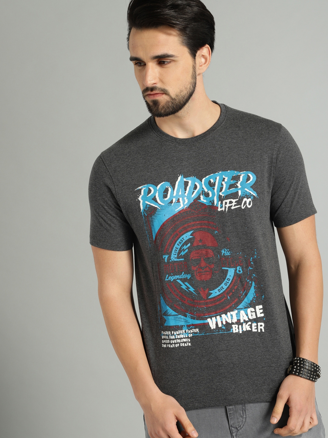 Buy The Roadster Lifestyle Co Men Charcoal Grey Printed Round Neck T
