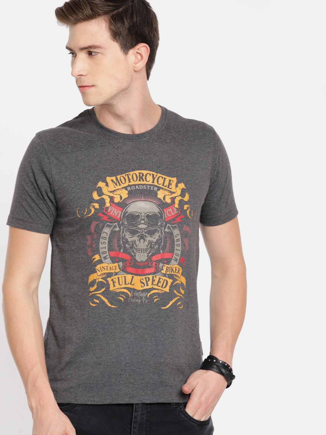 Buy The Roadster Lifestyle Co Men Charcoal Grey Printed Round Neck Pure