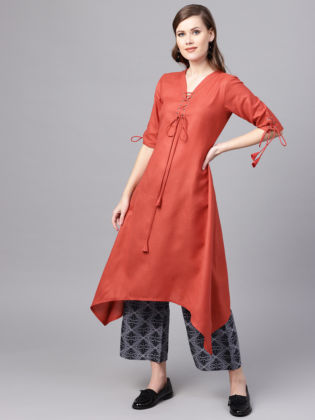 Buy Libas Women Rust Orange & Grey Solid Kurta With Palazzos - Kurta ...