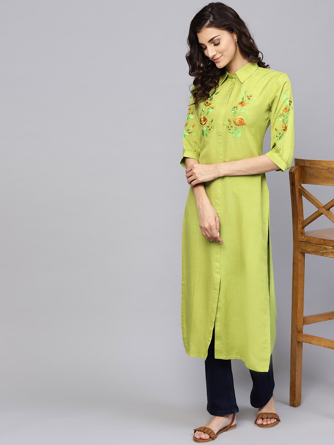Buy Libas Women Green Floral Yoke Design Straight Kurta Kurtas For