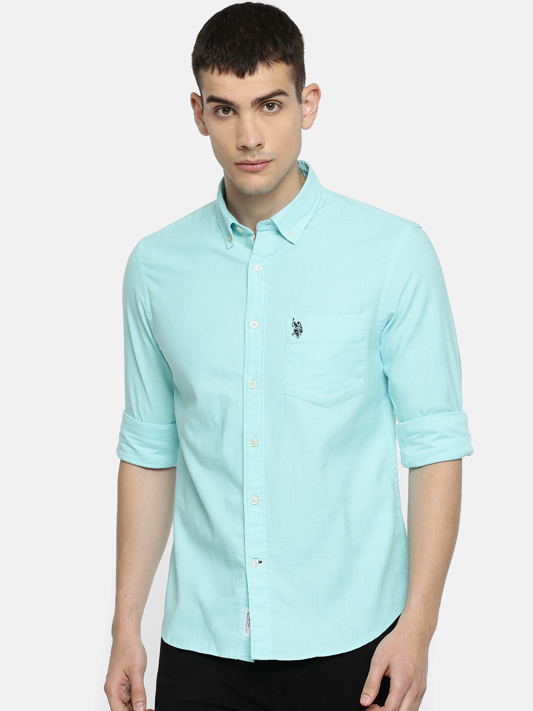 Buy U.S. Polo Assn. Men Turquoise Blue Tailored Fit Solid Casual Shirt ...