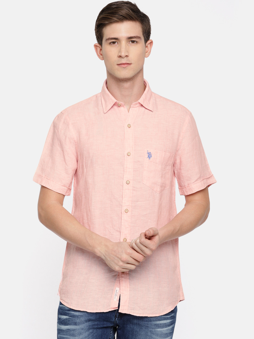 Buy U.S. Polo Assn. Men Peach Coloured Tailored Fit Solid Casual Shirt ...