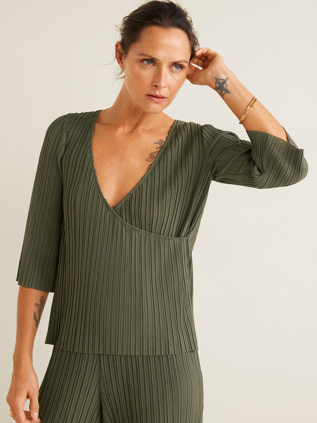 Buy MANGO Women Olive Green Self Striped Wrap Top - Tops for Women ...