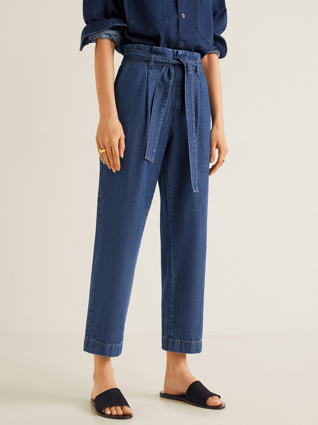 Buy MANGO Women Navy Blue Regular Fit Solid Denim Trousers - Trousers ...