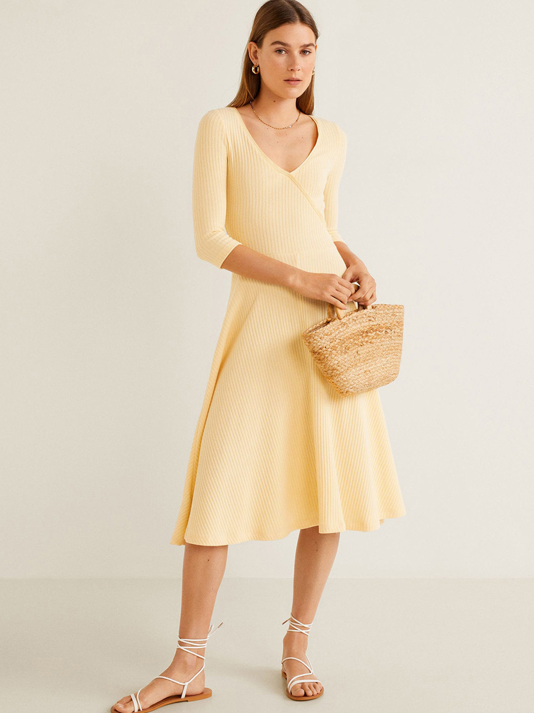 Buy MANGO Women Yellow Striped Fit And Flare Dress - Dresses for Women ...