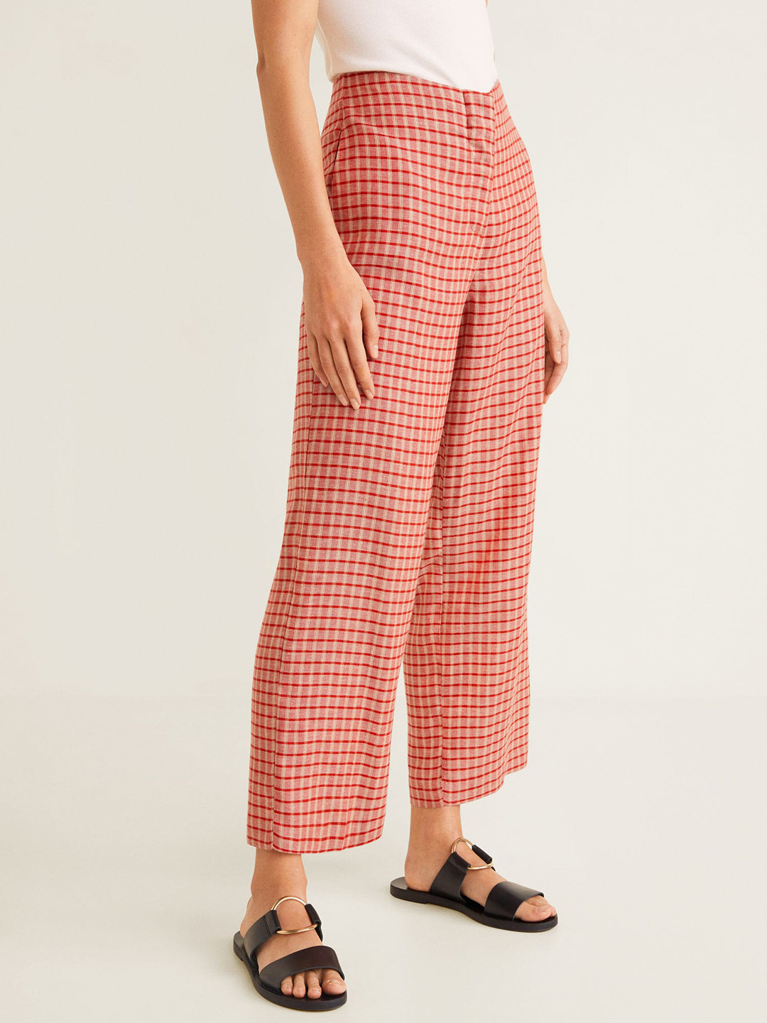 Buy MANGO Women Red & Beige Regular Fit Cropped Checked Trousers ...