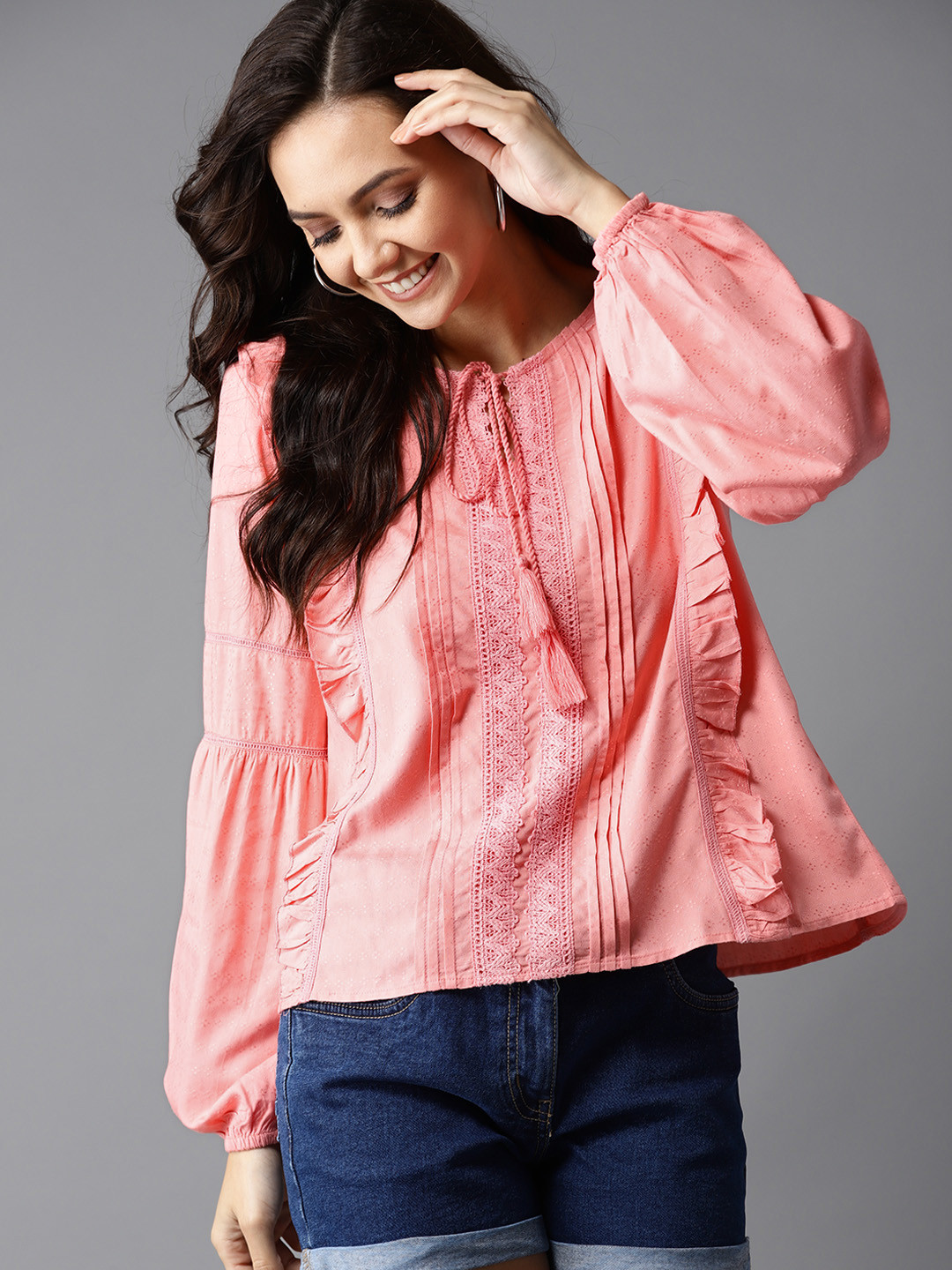Buy HERE&NOW Women Peach Coloured Self Design Top - Tops for Women ...