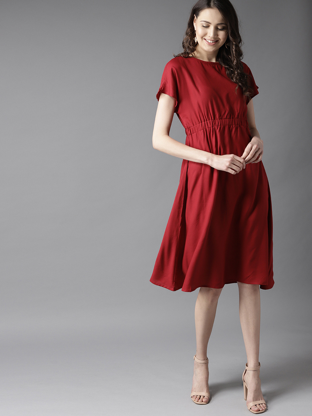 Buy HERE&NOW Women Maroon Solid A Line Dress - Dresses for Women ...