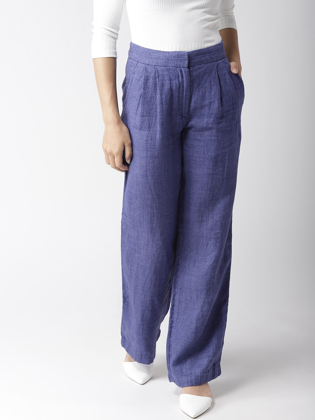 Buy Marks & Spencer Women Blue Linen Regular Fit Solid Parallel ...