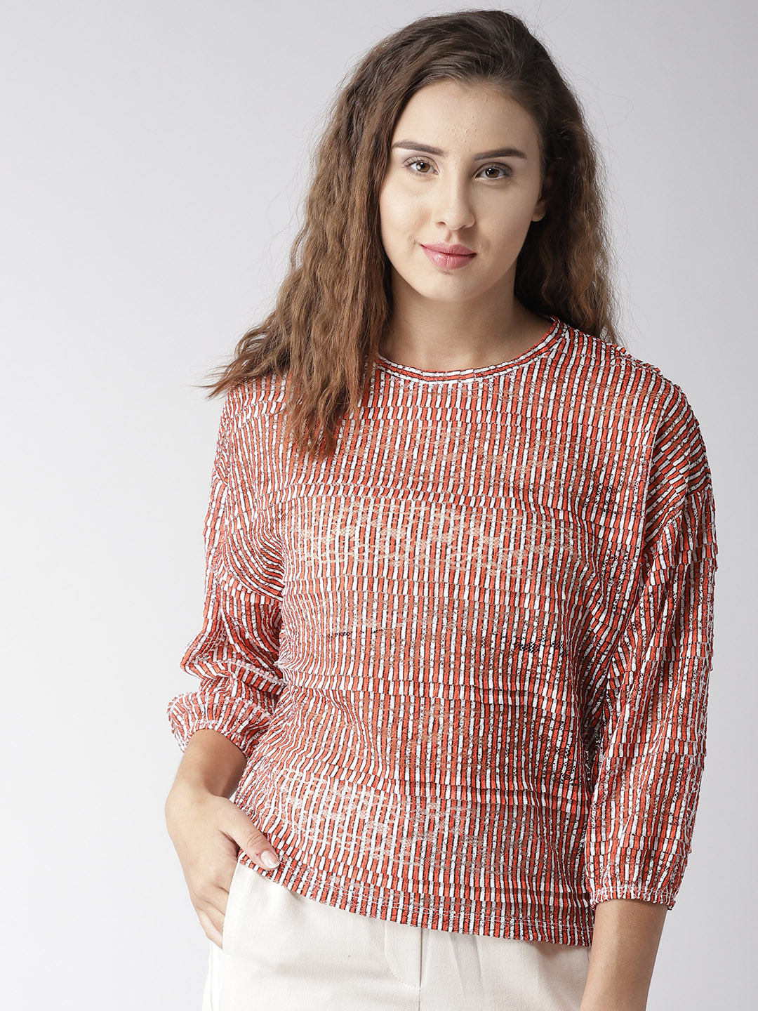 Buy Marks & Spencer Women Orange & White Striped Top - Tops for Women ...