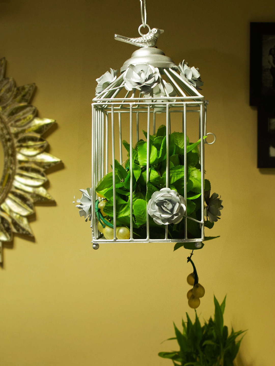 Buy Homesake Silver Bird Cage With Floral Textured Details - Wall Decor ...