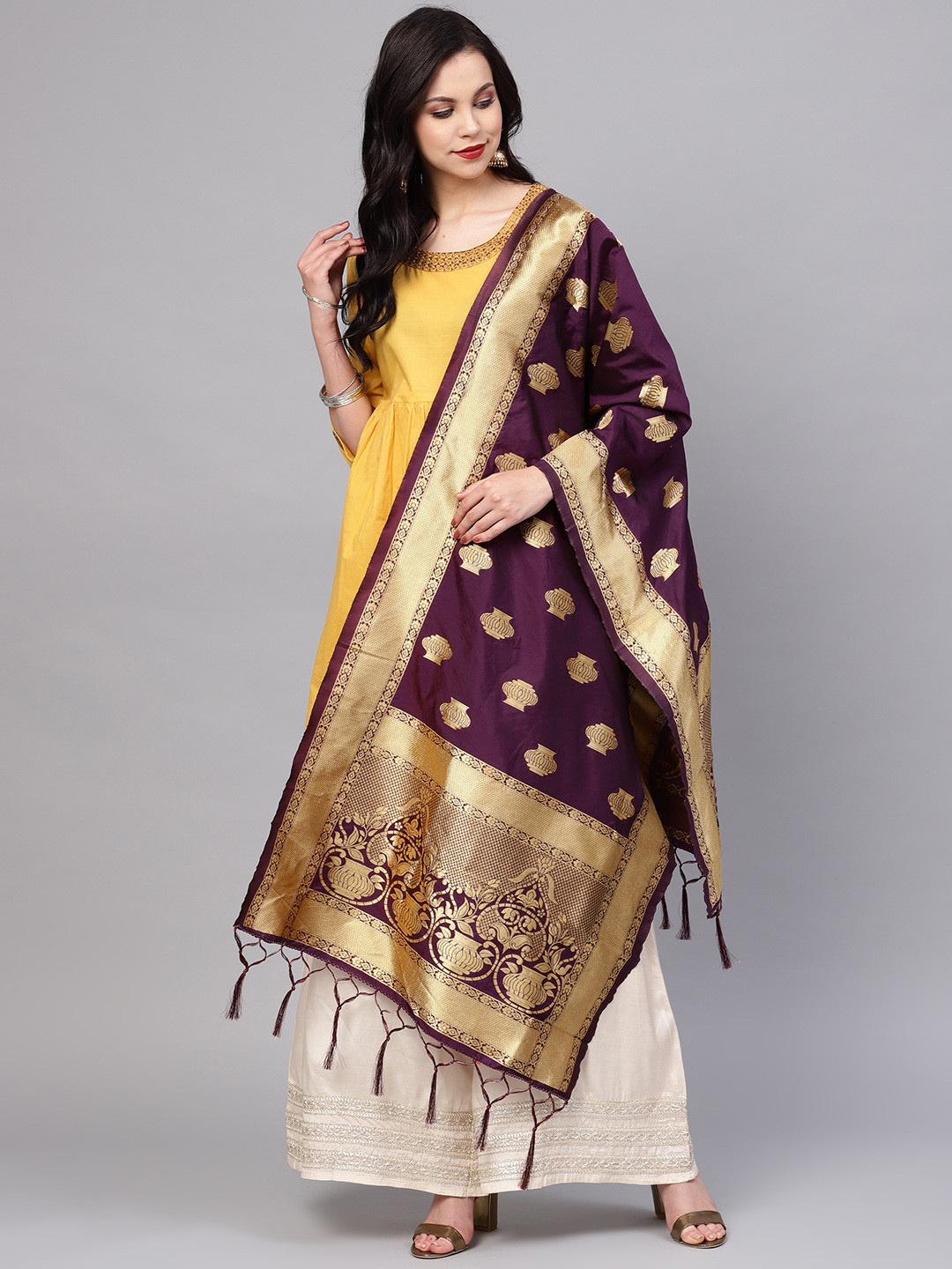 Buy SUTRAM Purple & Golden Zari Woven Design Dupatta - Dupatta for ...