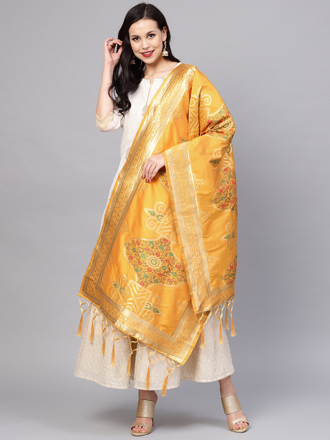 Buy SUTRAM Yellow & Golden Woven Design Dupatta - Dupatta for Women ...