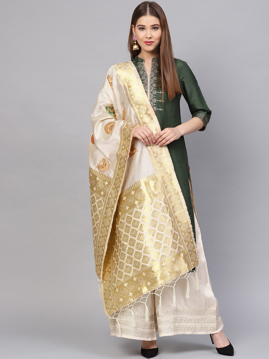 Buy SUTRAM Beige & Golden Woven Design Dupatta - Dupatta for Women ...