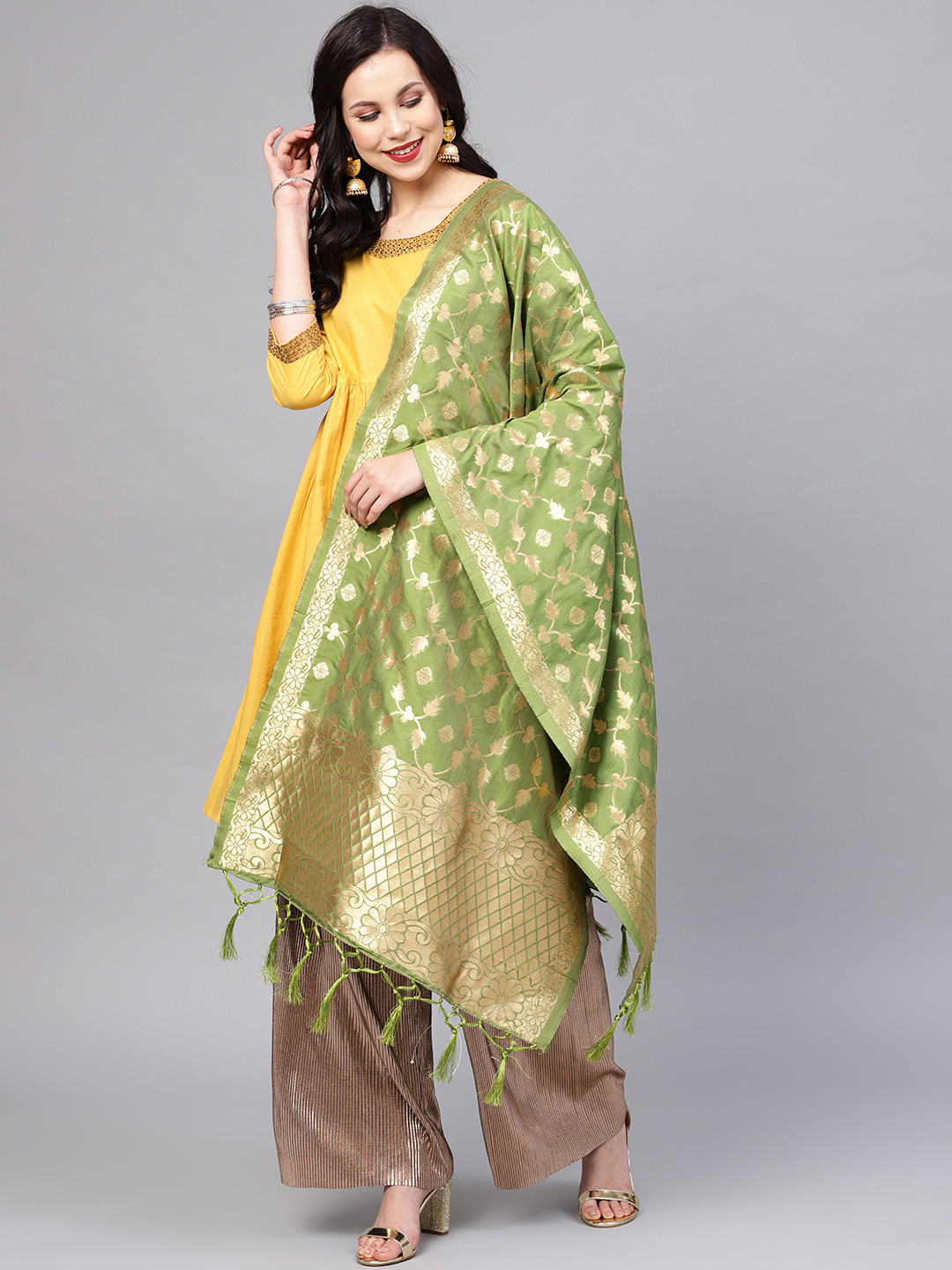 Buy SUTRAM Green & Golden Woven Design Dupatta - Dupatta for Women ...