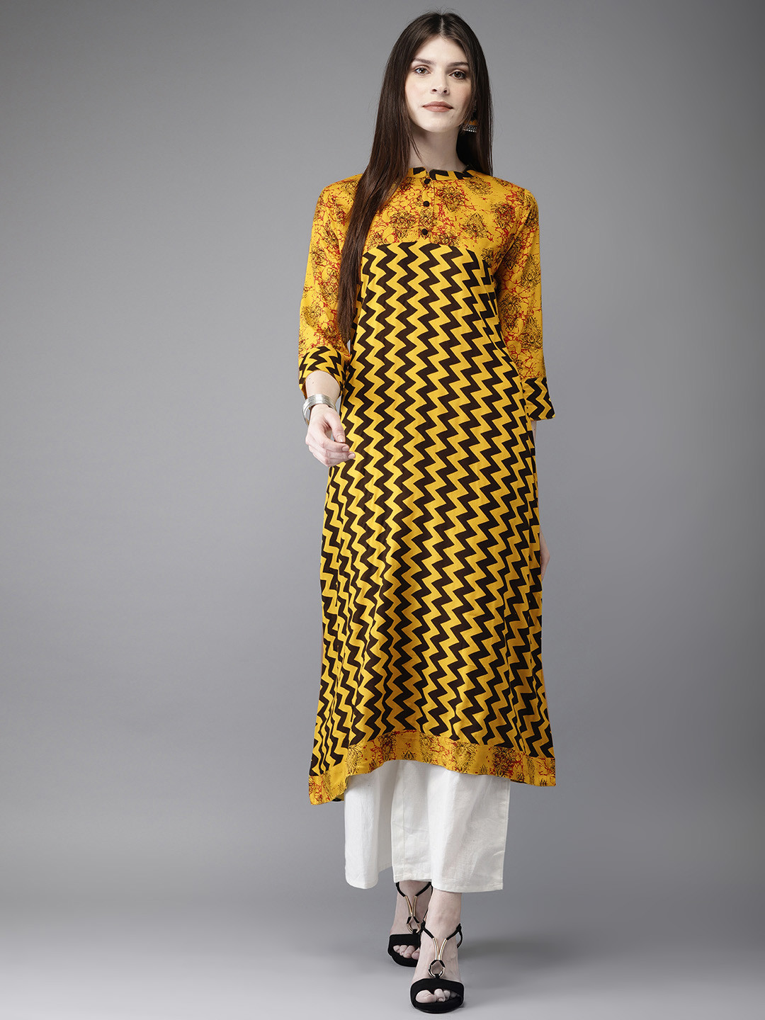 Buy Anouk Women Yellow & Black Printed A Line Kurta - Kurtas for Women ...