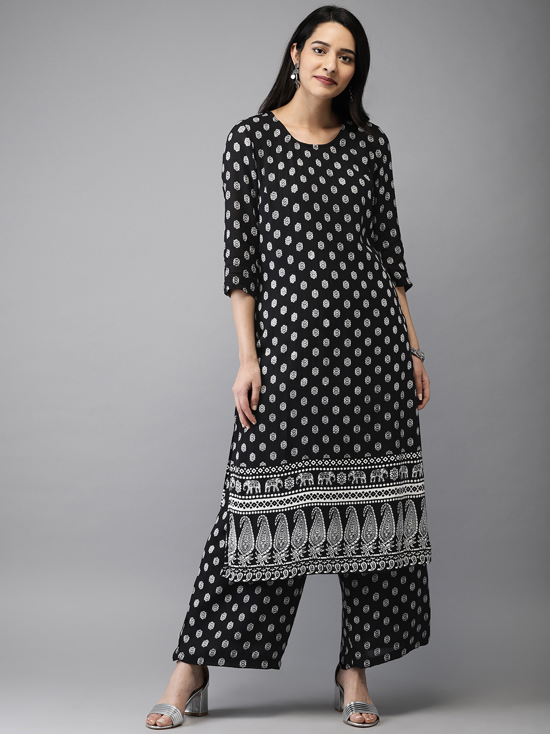Buy Anouk Women Black & White Printed Kurta With Palazzos - Kurta Sets ...
