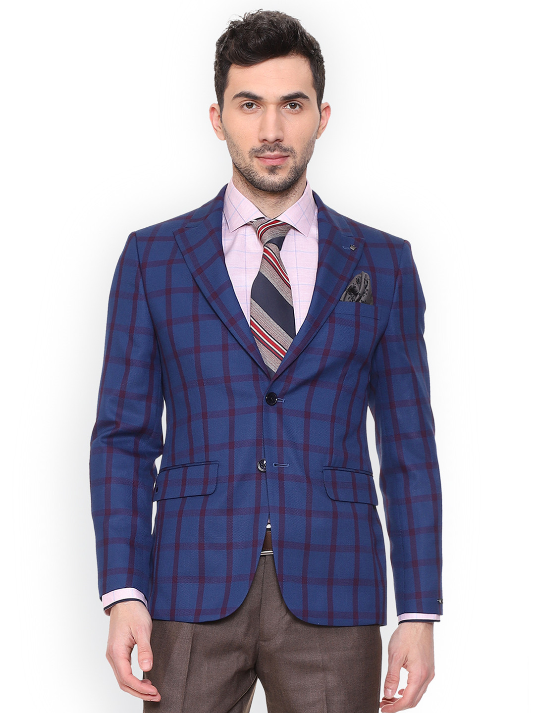 Buy Louis Philippe Men Blue Checked Slim Fit Single Breasted Blazer ...