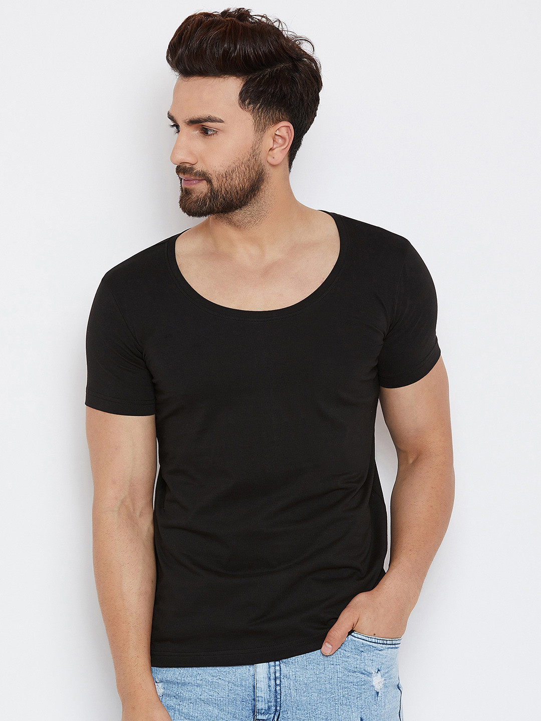 Buy FUGAZEE Men Black Solid Scoop Neck T Shirt - Tshirts for Men ...