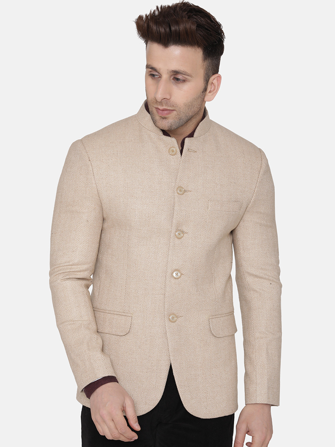Buy Wintage Men Beige Self Design Regular Fit Bandhgala Blazer ...
