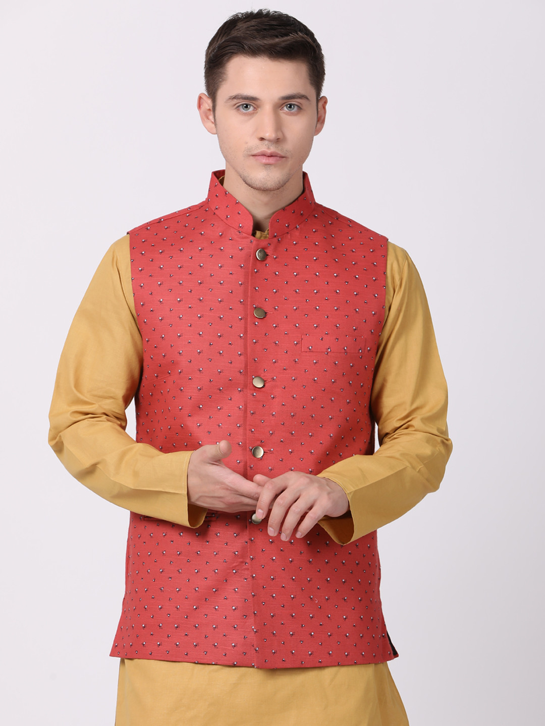 Buy TABARD Men Red Printed Woven Nehru Jacket - Nehru Jackets for Men ...