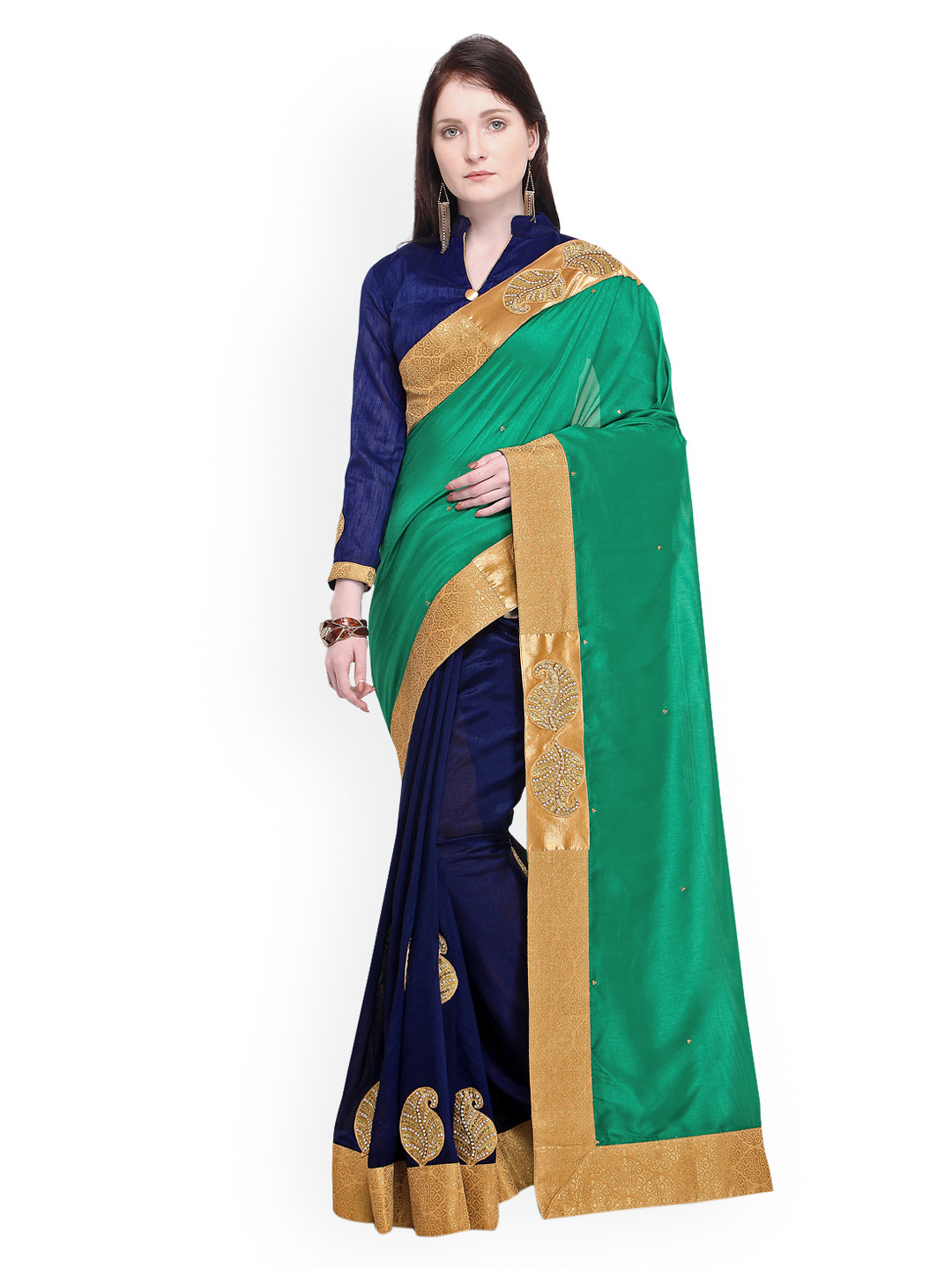 Buy Indian Women Green & Blue Silk Blend Solid Saree - Sarees for Women ...