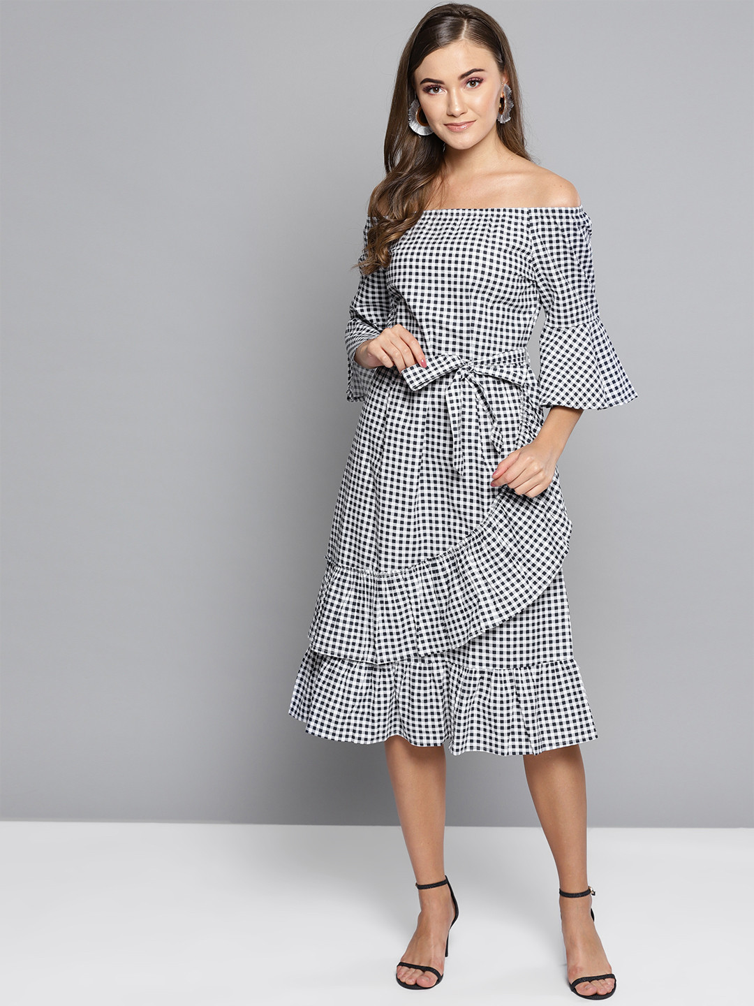 Buy RARE Women Navy Blue & White Checked Bardot A Line Dress - Dresses ...