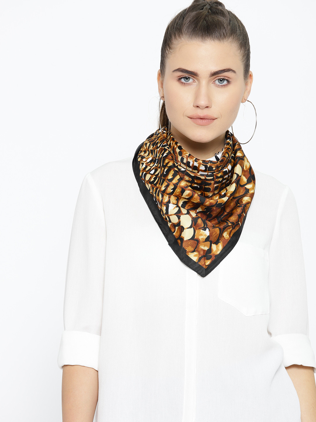 Buy MANGO Women Mustard Brown & Beige Printed Satin Finish Scarf ...