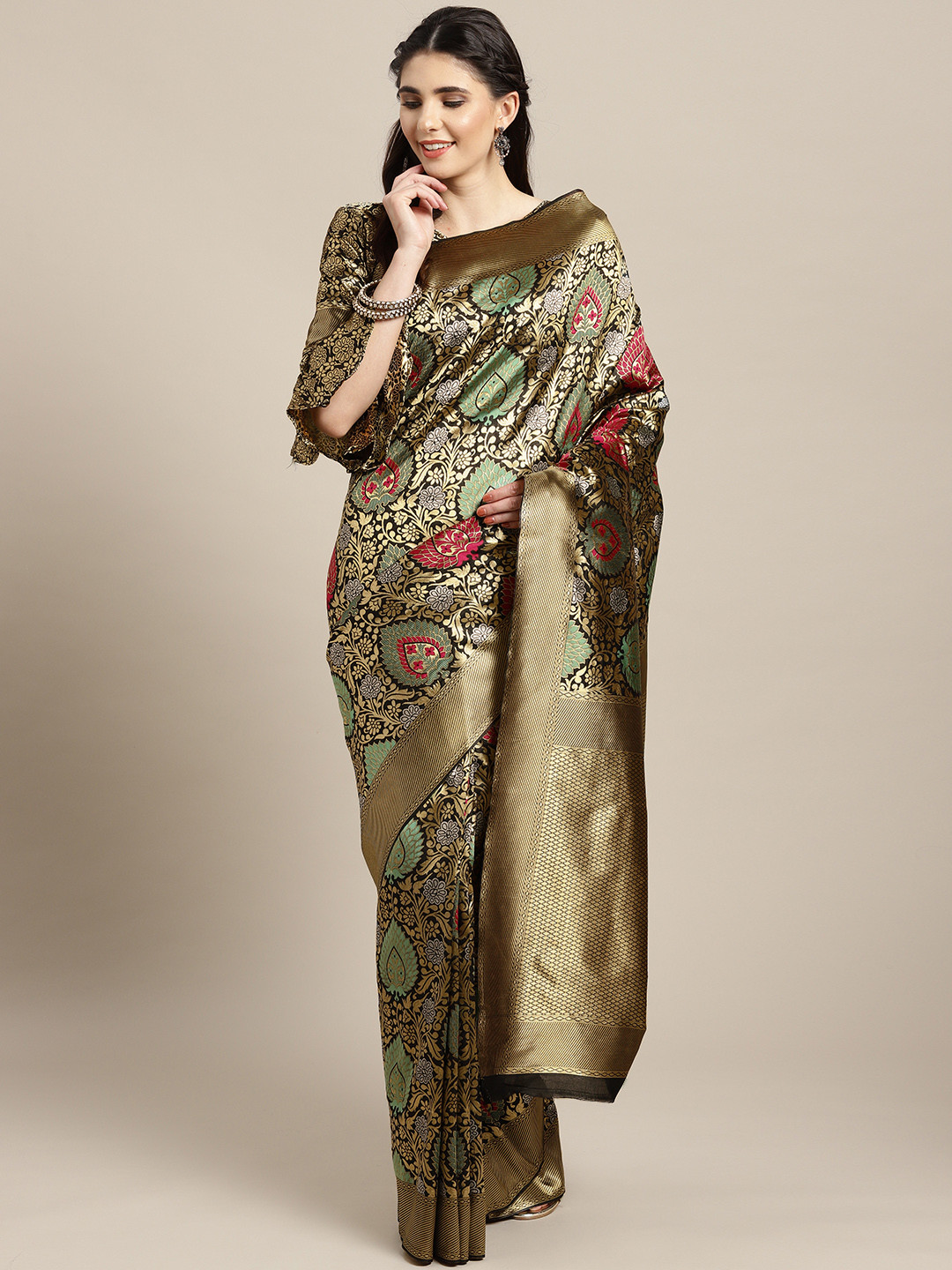 Buy MANOHARI Black & Golden Woven Design Patola Saree - Sarees for ...