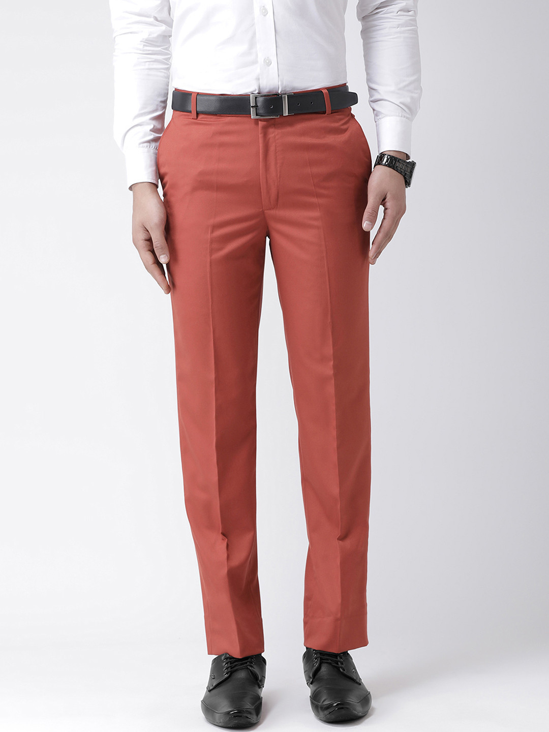 Buy Hangup Men Rust Brown Smart Regular Fit Solid Regular Trousers ...