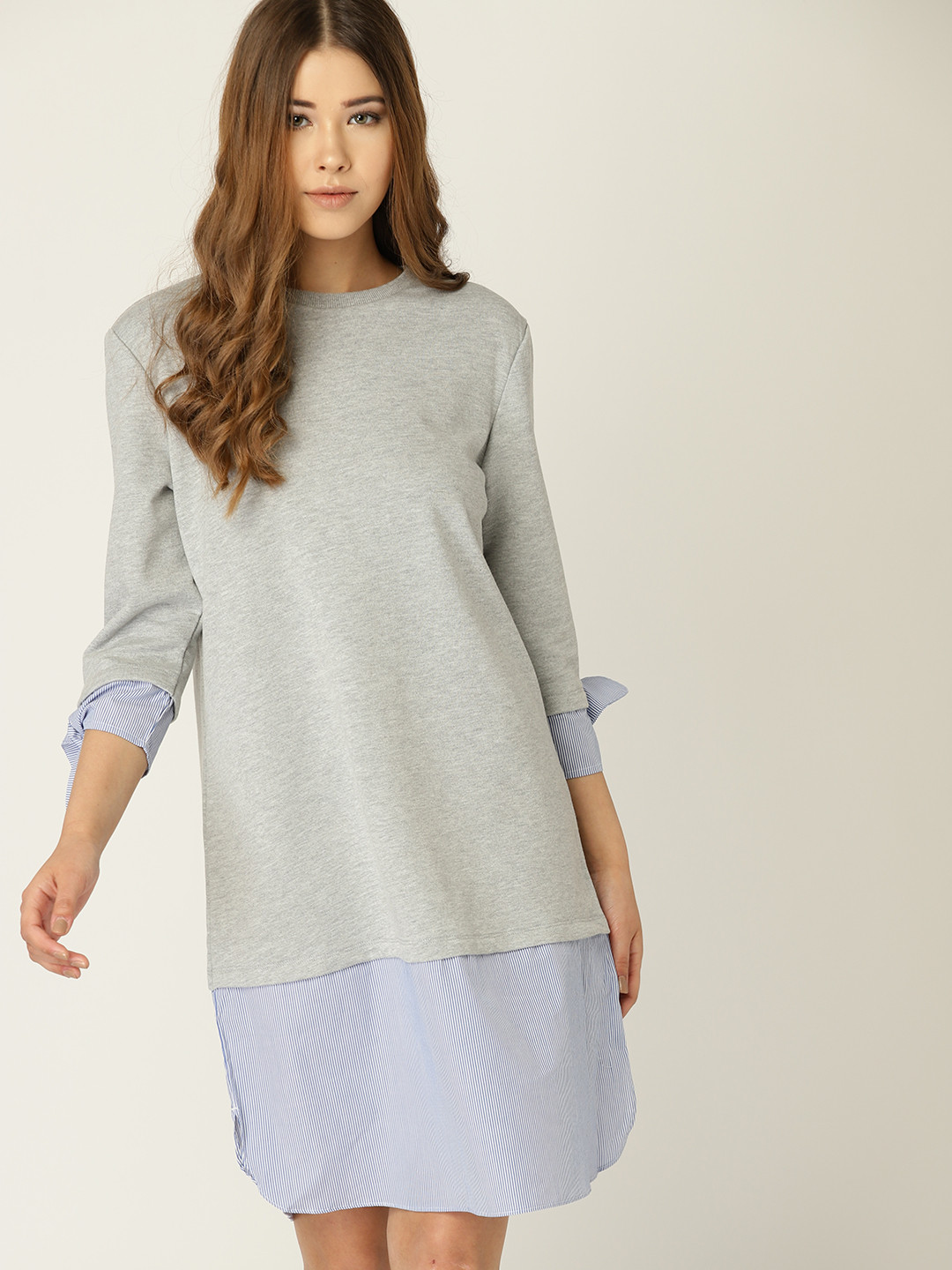 Buy ESPRIT Women Grey Melange & Blue Solid Shift Dress - Dresses for ...